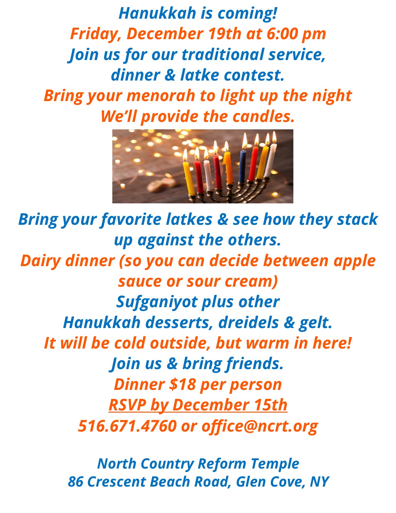 Shabbat Hanukkah Service and Dinner - North Country Reform Temple Ner Tamid